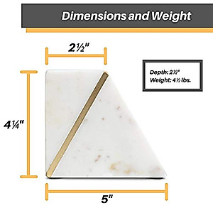 Cork & Mill Marble Bookends - Set of 2 Heavy Decorative Book Stoppers with Non-Skid Bottom - Handcrafted Solid Marble Bookshelf Decor (White + Brass)