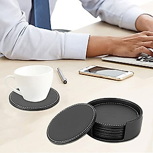 CARLWAY Set of 6 Leather Drink Coasters Round Cup Mat Pad for Home and Kitchen Use Black, 3.94"