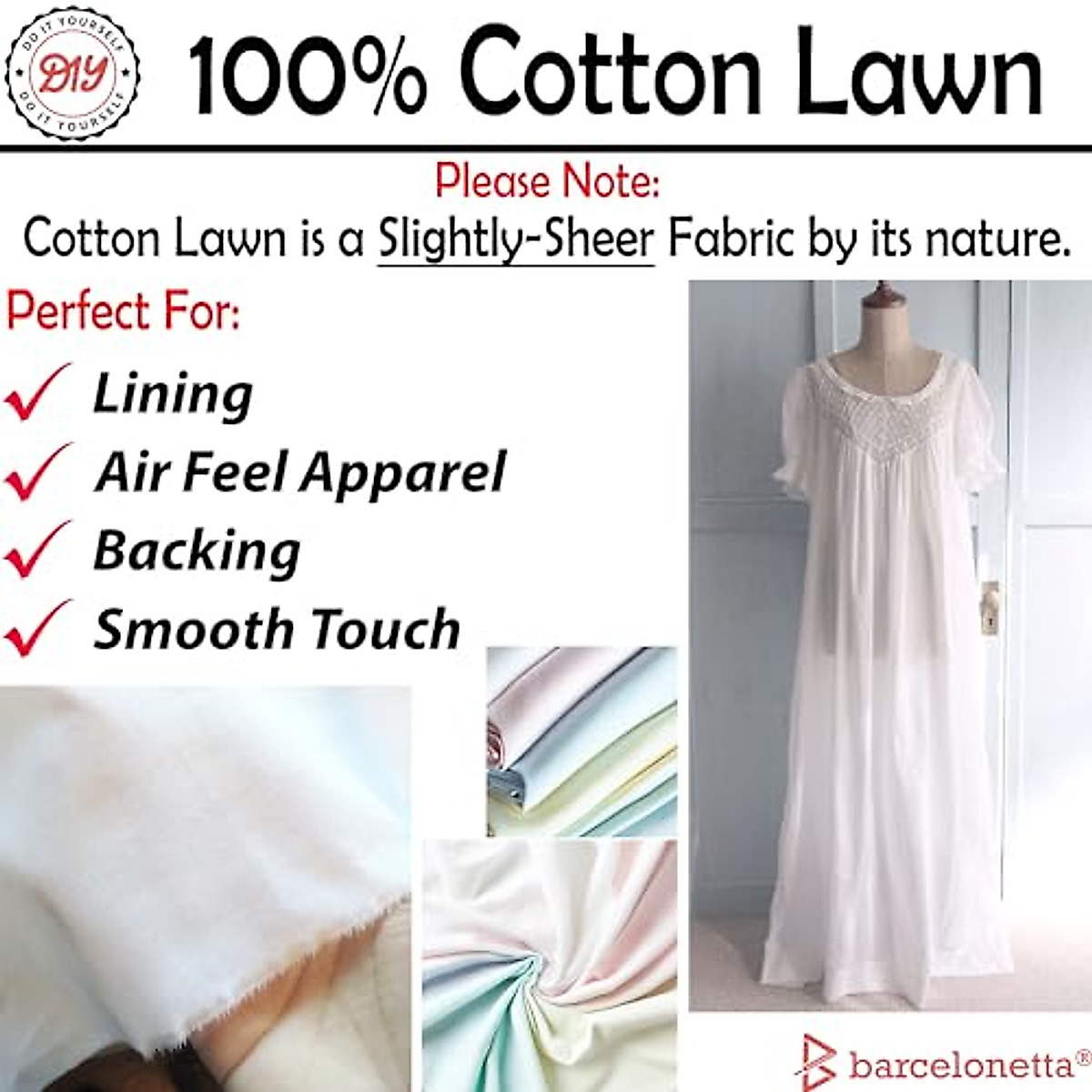 Barcelonetta | Cotton Lawn Fabric | Lining Fabric | 100% Cotton | Thin | 58" Wide | Sewing, Air Feel Layer | Cloth, Solid (Beige, 2 Yard)