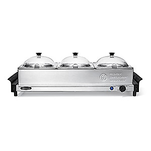 BELLA 4.5 Quart Triple Electric Buffet Server, Food Warming Tray & Slow Cooker - Brushed Stainless Steel Heated Serving Station for Parties & Catering