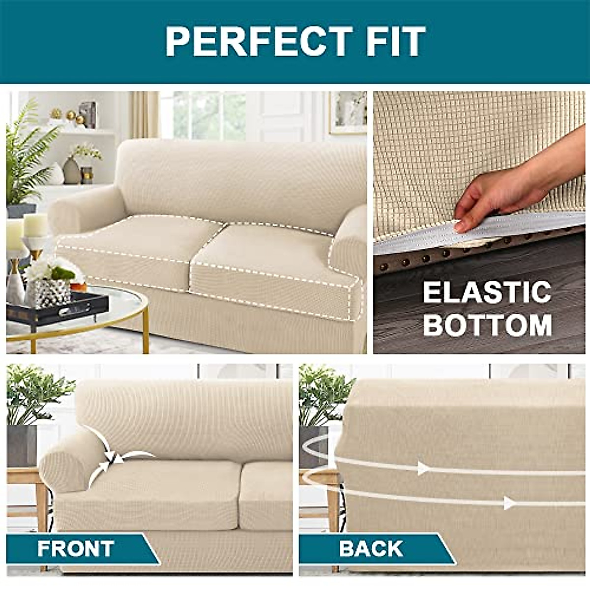 3 Pieces Sofa Covers T Cushion Sofa Slipcovers for 2 Cushion Couch Stretch Couch Cover Soft Sofa Slip Cover Furniture Covers with 2 Individual T Cushion Seat Covers (2 Cushion Sofa, Biscotti Beige)