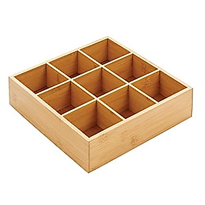 mDesign Bamboo Kitchen Pantry Storage Organizer Box - 9 Divided Sections, Open Top, Decorative Holder for Tea Bags, Snack Packets, Small Items, Accessories, Echo Collection - Natural Wood/Tan