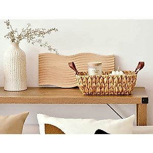 Labcosi Small Wicker Baskets for Organizing, Handwoven Toilet Paper Baskets for Toilet Tank, Water Hyacinth Bathroom Baskets with Faux Leather Handles, Baskets for Gift Empty, Set of 2