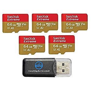 SanDisk Extreme 64GB (5 Pack) MicroSD Memory Card for DJI Mavic Mini 2, Mavic Mini, Mavic Air 2 Drone - C10 A2 V30 SDXC (SDSQXA2-064G-GN6MN) Bundle with (1) Everything But Stromboli Micro Card Reader