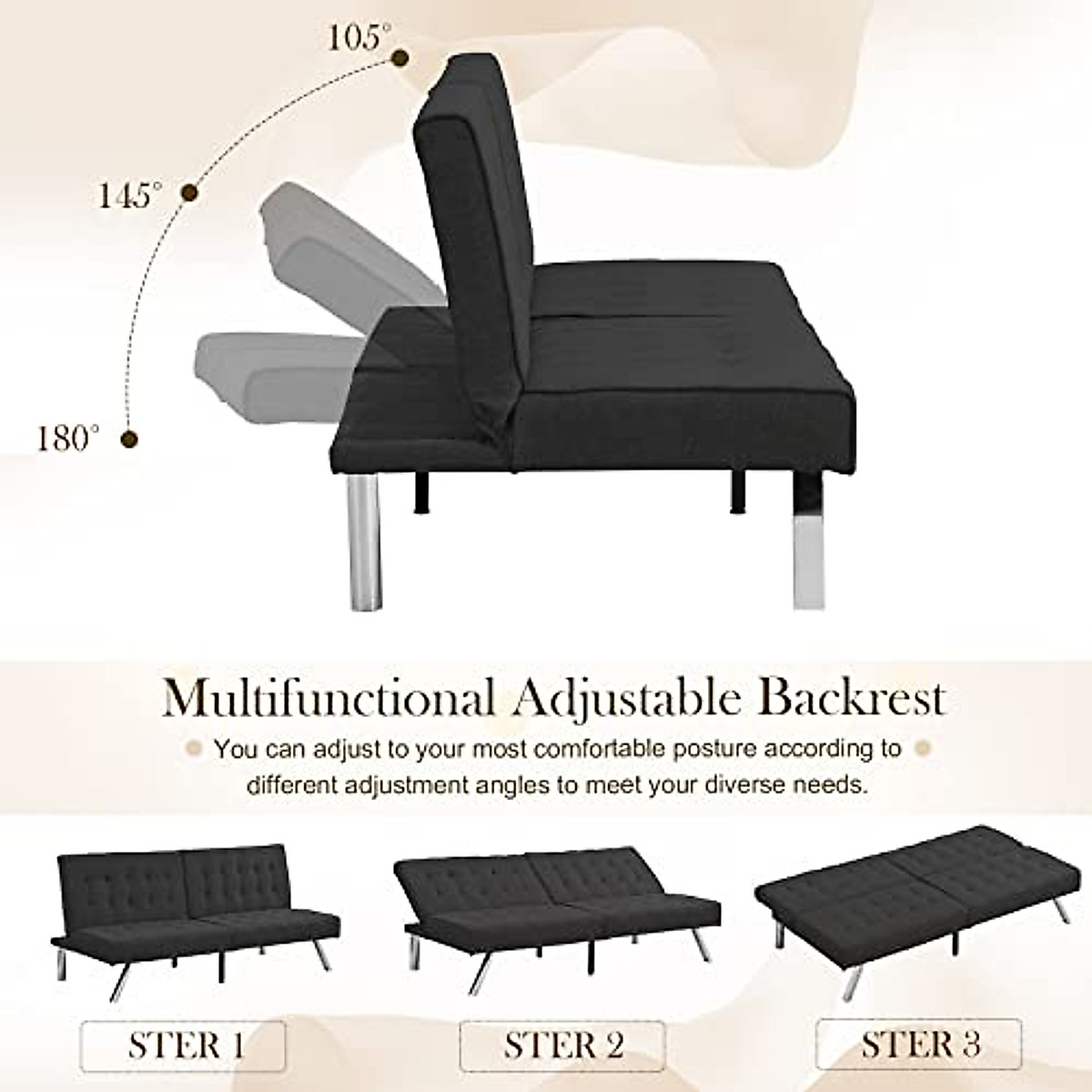 GEEVIVO Futon Convertible, Breathable & Skin-Friendly Futon Sofa Bed, Upholstered Sleeper Couch with Adjustable Backrest, Futons Sofa/Bed Clearance Suitable for Multiple Scenarios(Black)