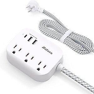 Cruise Essentials - Flat Plug Power Strip with 3 Outlets 3 USB Ports(1 USB C Poiwer Delivery 20W), 5ft Braided Extension Cord, Compact for Cruise Ship, Travel, Home and Dorm