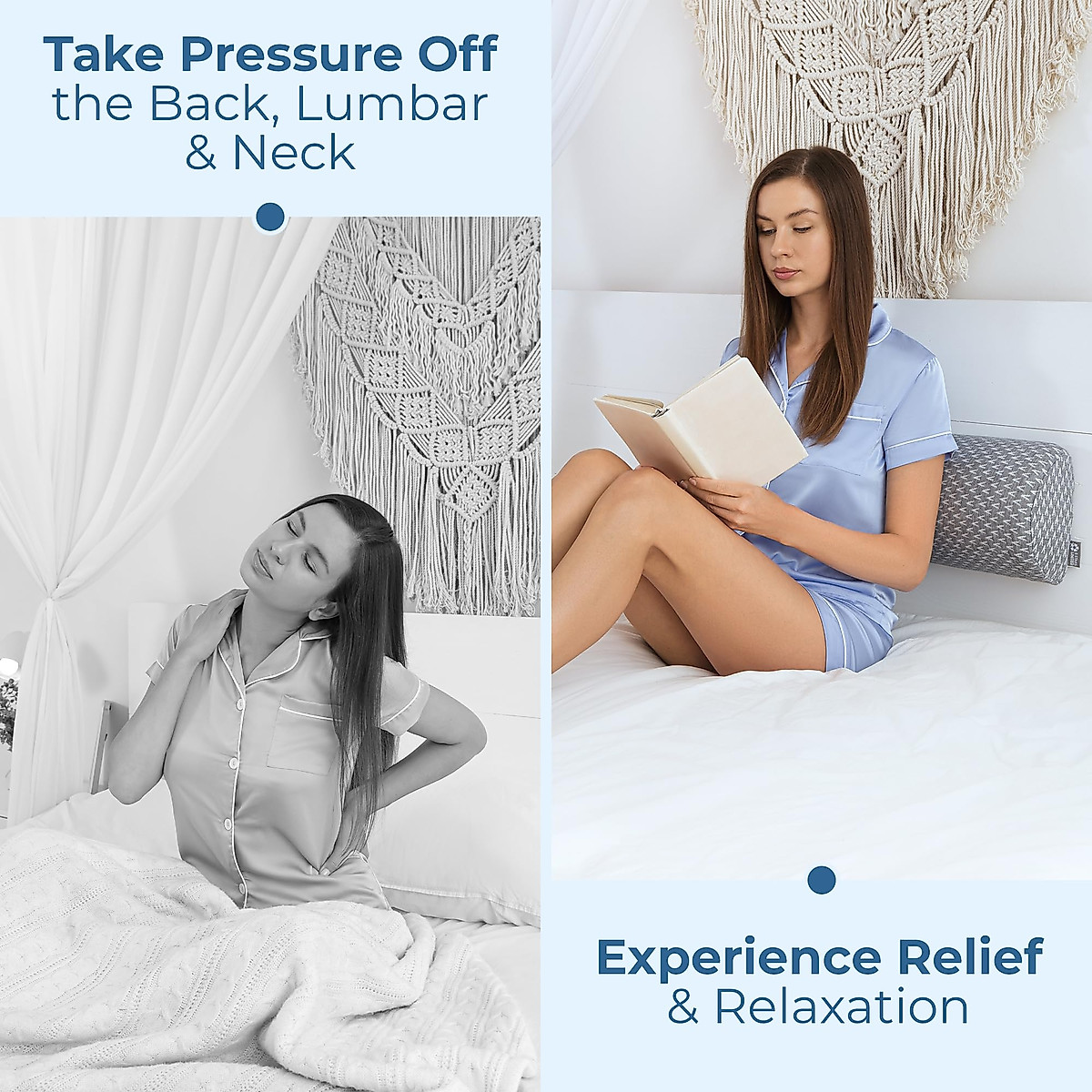 5 STARS UNITED Knee Pillow for Back Sleeping - Memory Foam Bolster Pillow for Legs and for Back Pain - Under Knee Pillow for Sleeping on Back - Half Moon Pillow - Roll Knee Support Pillows for Bed