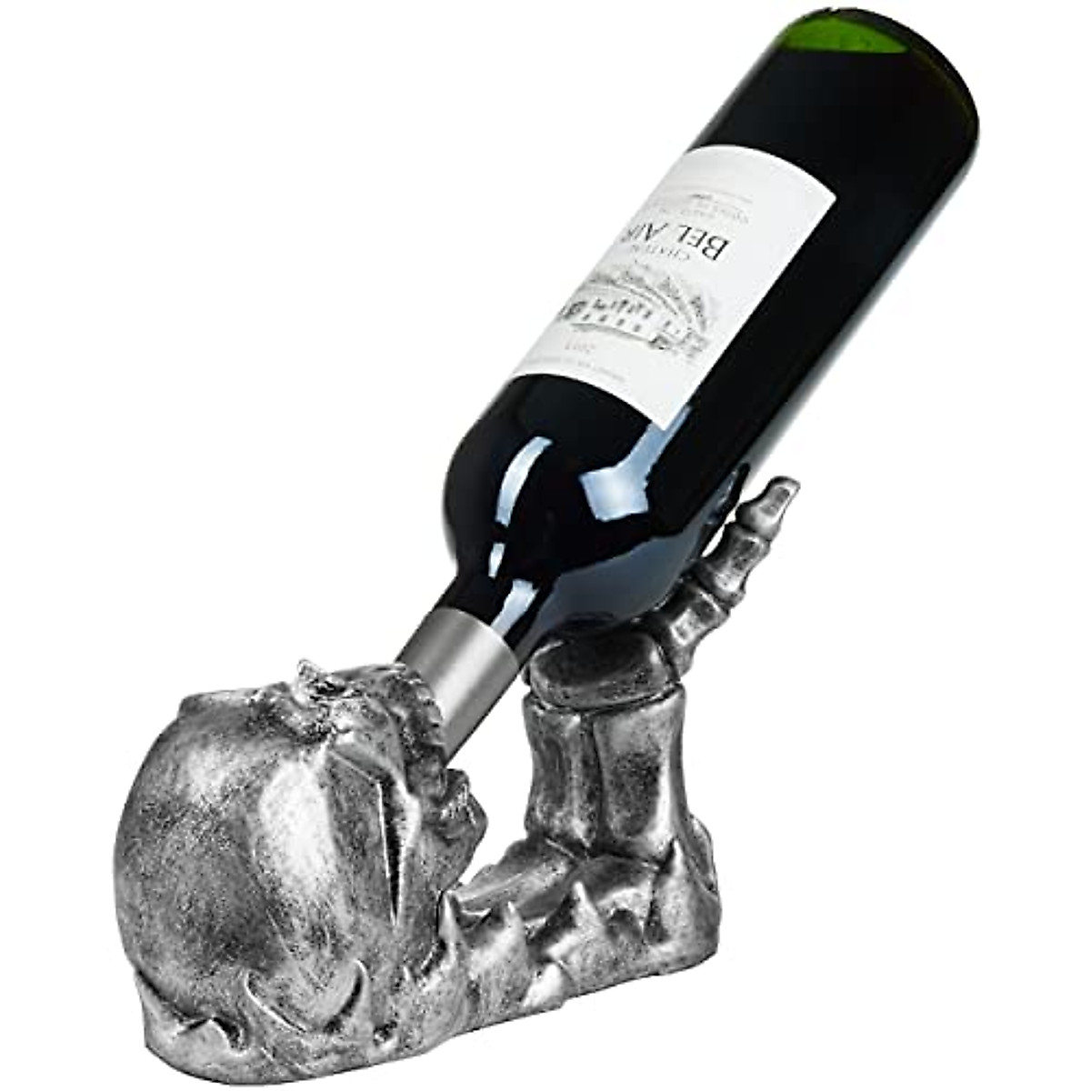 BRUBAKER Wine Bottle Holder Skull - Skull with Skeleton Hand Silver - Polyresin Bottle Decoration Figure Hand Painted Wine Accessory - Funny Wine Gift