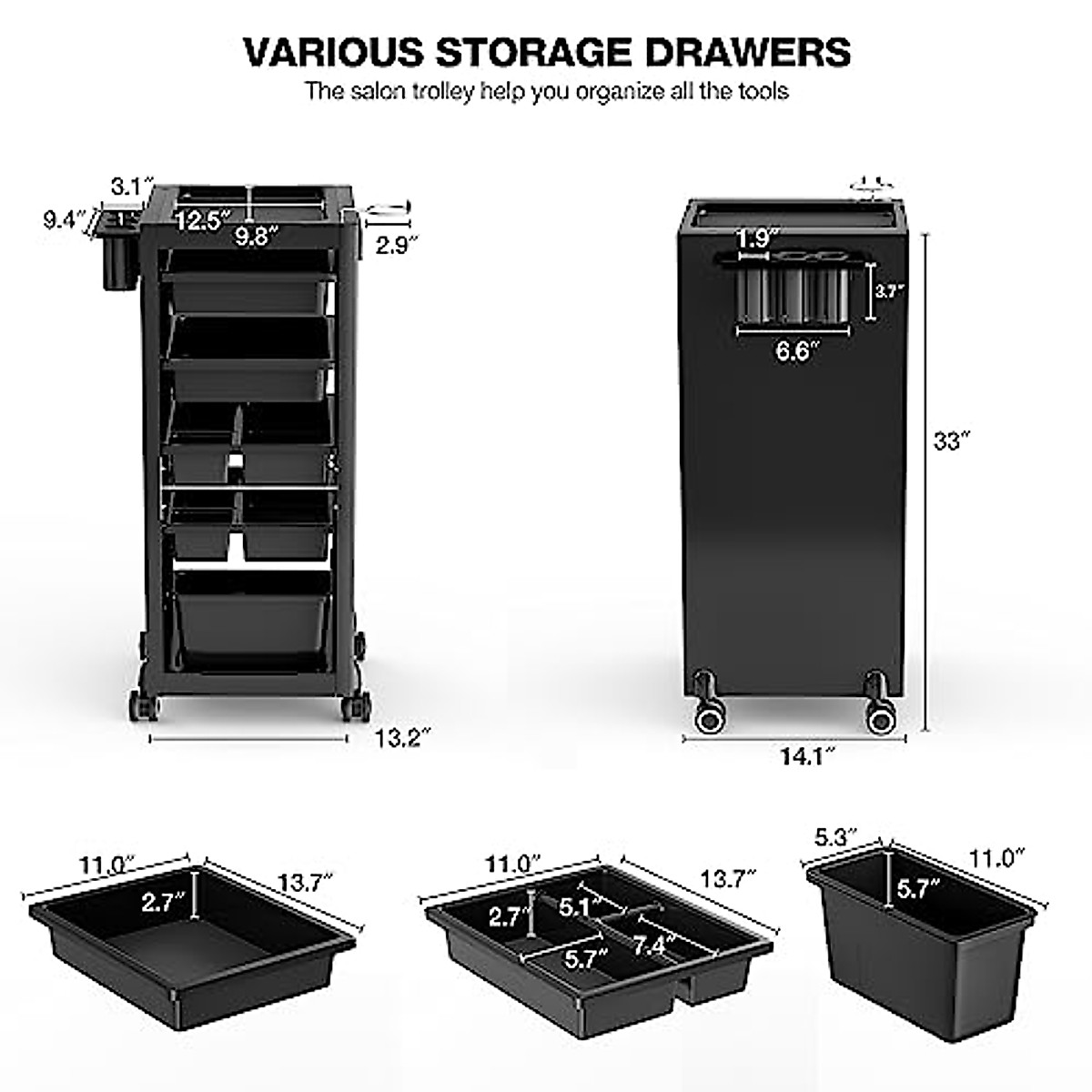 Paddie Salon Rolling Cart for Hair Stylist, 4 Organized Drawers, 2 Storage Baskets, Hairdryer & Tools Holder, Flexible Combination