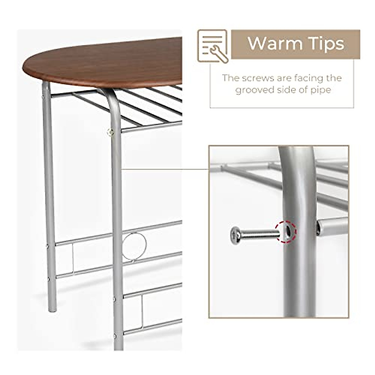 VINGLI 3 Piece Dining Set,Small Kitchen Table Set for 2,Breakfast Table Set,Kitchen Wooden Table and 2 Chairs for Small Space/Dining Room/Apartment,Metal Frame,Wine Rack,Sliver&Brown