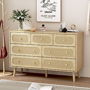 HOUROM Natural Rattan Dresser for Bedroom, Boho Wood Durable Dressers & chests of Drawers with Gold Handles, Modern Wood 7 Drawer Dresser for Bedroom