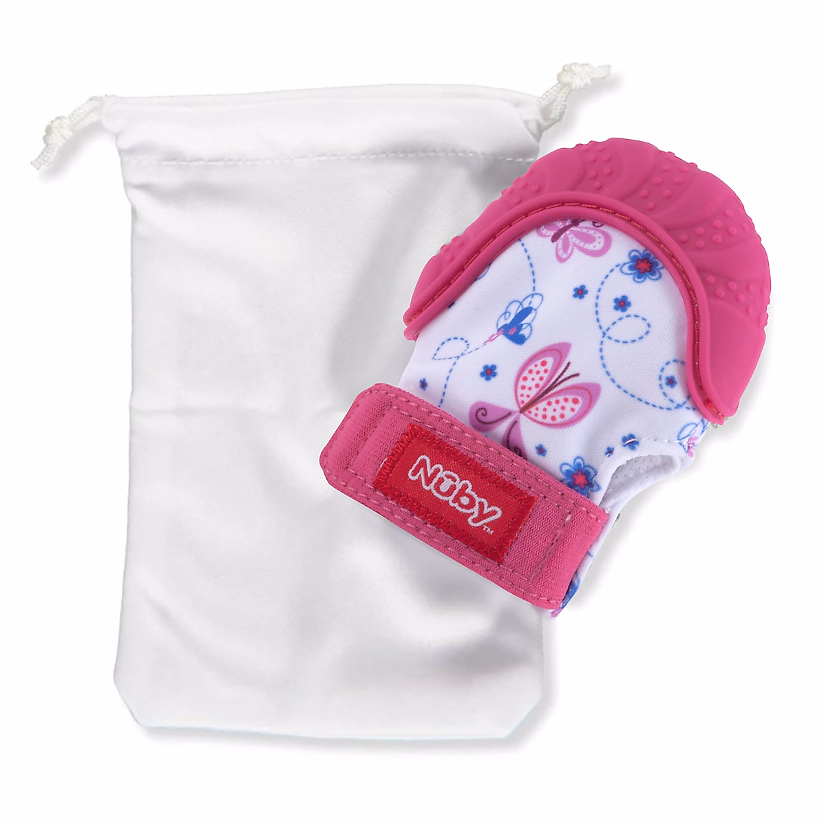 Nuby Soothing Teething Mitten with Hygienic Travel Bag, Pink.