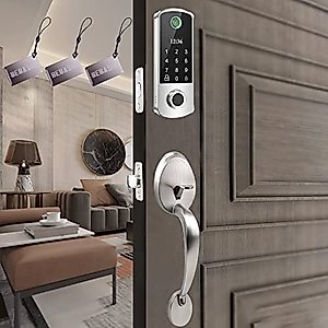 BEBASIA Fingerprint Door Lock with Handles, Keyless Entry Door Lock, Auto Lock & 1 Touch Locking, Anti-Peeping Password, 300 Users, IC Cards, OLED Display Electronic Smart Deadbolt (Satin Nickel)