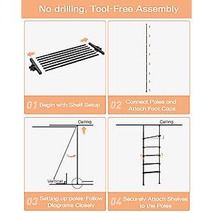 ALLZONE 5-Tier Metal Storage Shelves Organizer, Adjustable Width and Height, Shelving Units and Storage with Tension Mount, Versatile for Kitchen Shelves, Closet Shelves, Laundry Room Shelves, Black