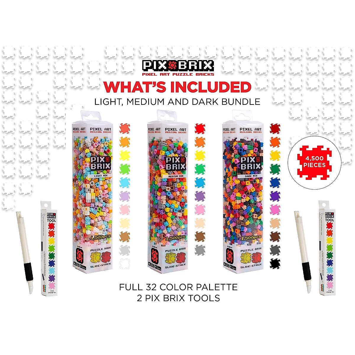 Pix Brix Pixel Art Puzzle Bricks Bundle - 4,500 Piece Pixel Art Kit, Mixed 32 Color Palette (Light, Medium, Dark) - Interlocking Building Bricks, Create 2D and 3D Builds - Stem Toys, Ages 6 Plus
