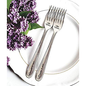 Personalized Reusable Silverware Sets for Bride and Groom, Engraved Mr and Mrs Forks for Wedding Cake Ceremony, Engagement Bridal Shower Anniversary Birthday Congratulations Gifts