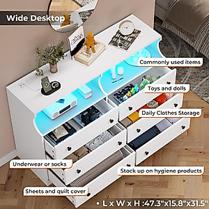 Hasuit 6 Drawer Dresser with LED Lights and Charging Station, Wide Chest of 6 Drawers with Open Space, Modern Large Capacity Storage Cabinet, White Dresser for Bedroom, Living Room, Hallway