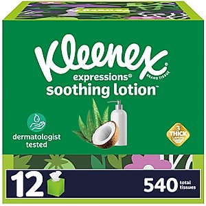 Kleenex Expressions Soothing Lotion Facial Tissues with Coconut Oil, 12 Cube Boxes, 45 Tissues per Box, 3-Ply, Packaging May Vary