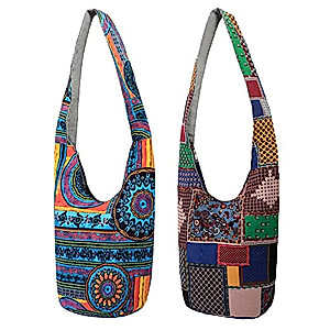 2 Pcs Bohemian Hippie Crossbody Bag Ethnic Style Bag Everyday Crossbody Purse Cotton and Linen Sling Boho Tote Bag Handmade Messenger Shoulder Bags Lady Women Tourist Handbag