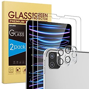 2+2 Pack SPARIN Screen Protector for iPad Pro 12.9 (2022/2021/2020) + Camera Lens Protector, Tempered Glass for iPad Pro 12.9 inch 6th/5th/4th Generation, Support Apple Pencil & Case Friendly