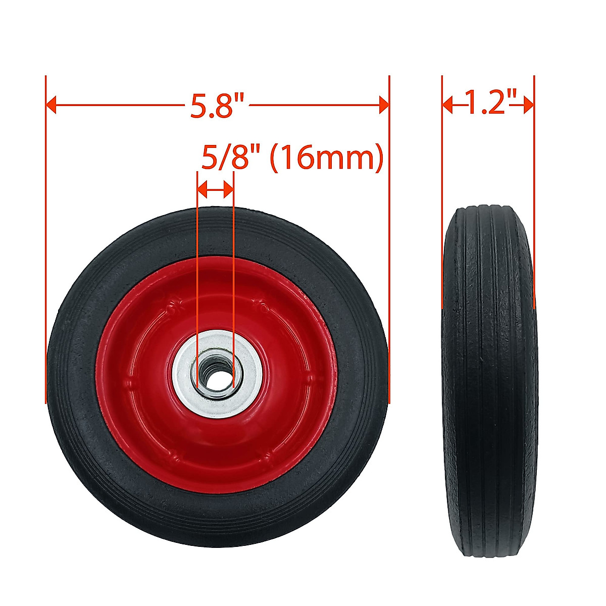 LotFancy 2 Pack 6” x 1.5” Flat Free Hand Truck Wheels, 6 inch Solid Wheels for Dolly Lawnmower, 5/8 in Bore Hole, Max 132 lbs Load Capacity