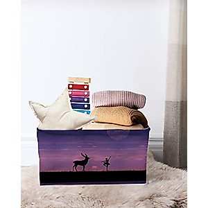 1 Pack Forest Deer Cube Storage Organizer Bins with Handles,Collapsible Canvas Cloth Fabric Storage Basket,Wild Purple Starry Sky Sunset Dancing Women Books Kids' Toys Bin Boxes for Shelves,Closet
