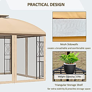 Outsunny 10' x 10' Patio Gazebo with Corner Shelves, Double Roof Outdoor Gazebo Canopy Shelter with Removable Mesh Netting, for Garden, Lawn, Backyard and Deck, Beige