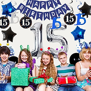 15th Birthday Decorations for Boys Girls Blue Birthday Decorations For Teenager Kids Party Supplies Including HAPPY BIRTHDAY Banner Balloons for Birthday Party Decor 15 Years Old Birthday Party