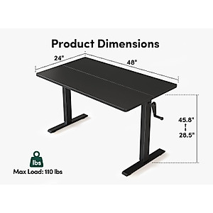 FEZIBO Crank Height Adjustable Desk, 48 Inches Manual Standing Desk, Writing Table with Handle, Home Office Desk with Black Frame/Black Table Top