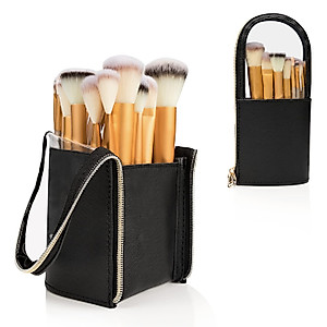 OCHEAL Makeup Brush Holders,Makeup Brush Organizer For Vanity,Portable Travel Makeup Brush Case, Makeup Artist Cosmetic Brushes Storage Bag Stand-Up Brush Cup Organizer-Black