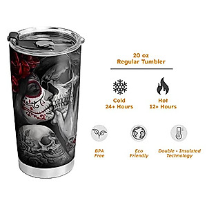 64HYDRO 20oz Couples Gifts for Husband and Wife, Cool Gifts for Couple, Valentines Day Gifts for Him, Her, Goth Gifts Gothic Gifts Tattoo Skull Couple Tumbler Cup, Insulated Travel Coffee Mug with Lid