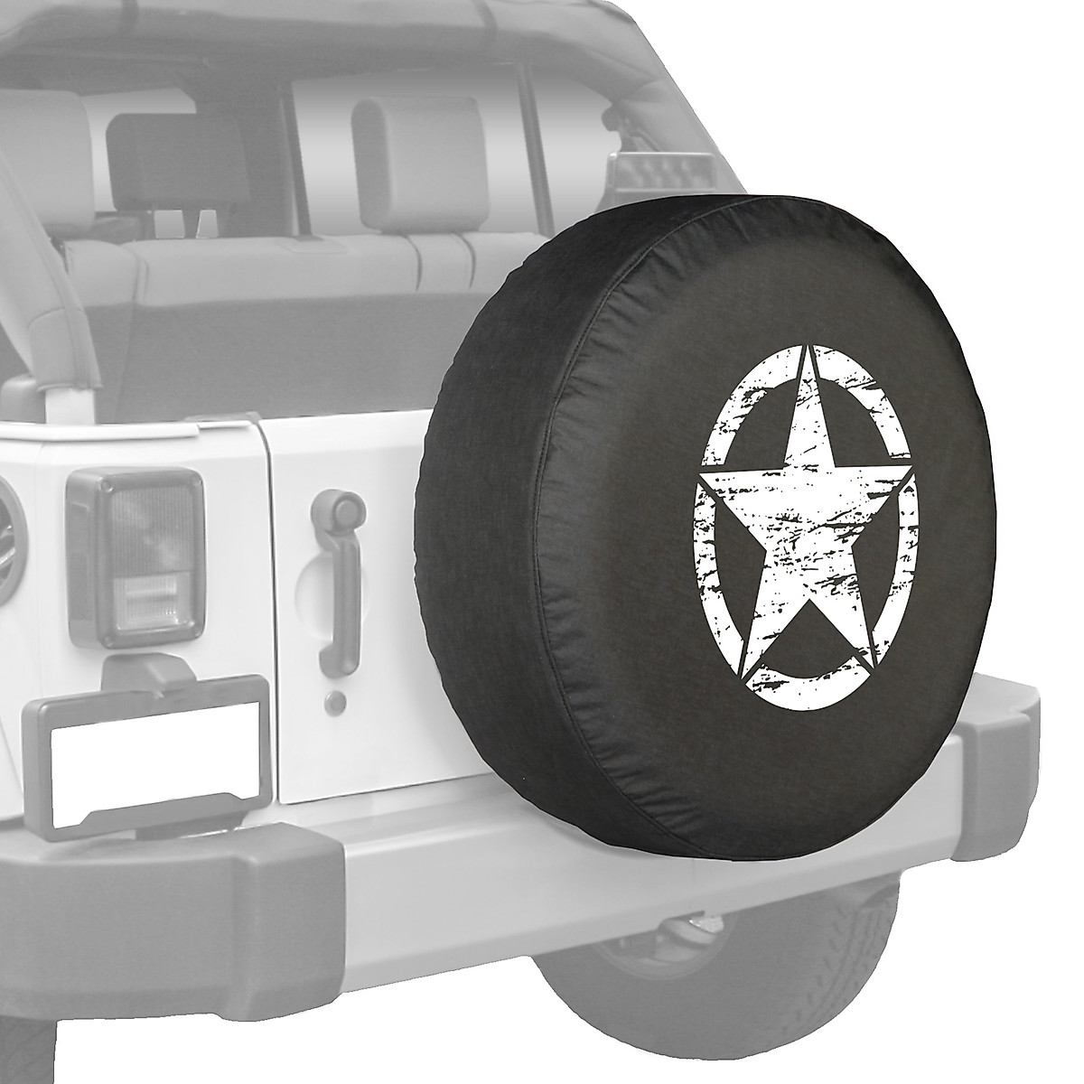 Boomerang - 32" Distressed Star - Spare Tire Cover - (Black Denim Vinyl) for Jeep Wrangler JK (2007-2018) - White Print - Made in The USA