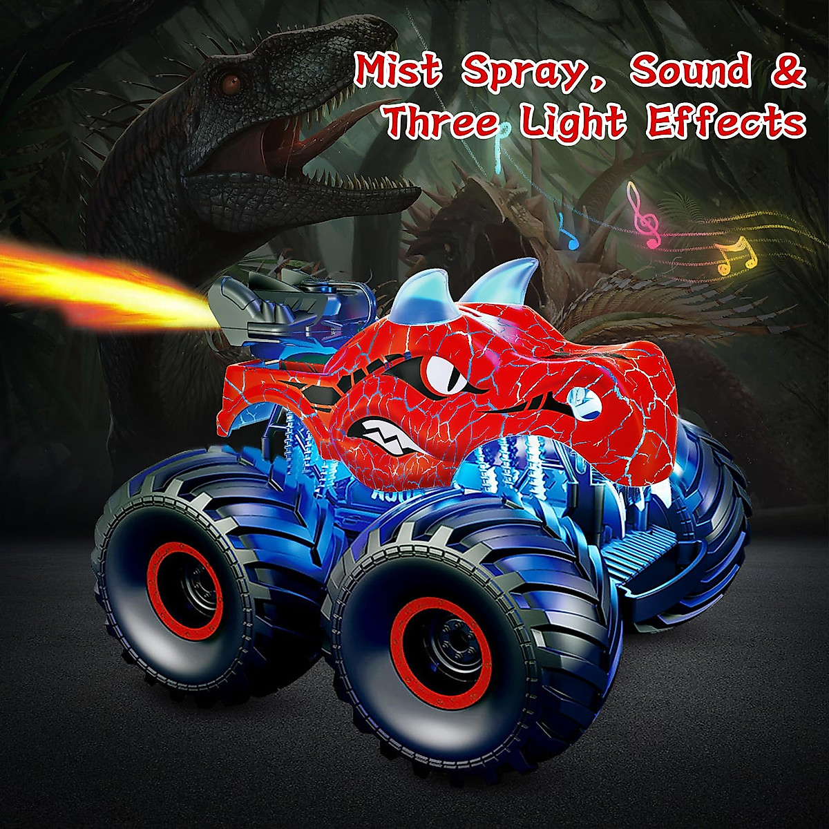 Kidcia Remote Control Dinosaur Car, 2.4GHz RC Monster Trucks for Boys with Spray, Light & Sound, All Terrain RC Cars with 2 Batteries, Dinosaur Toys for Kids 3 4 5 6 7 8, Christmas Birthday Gift