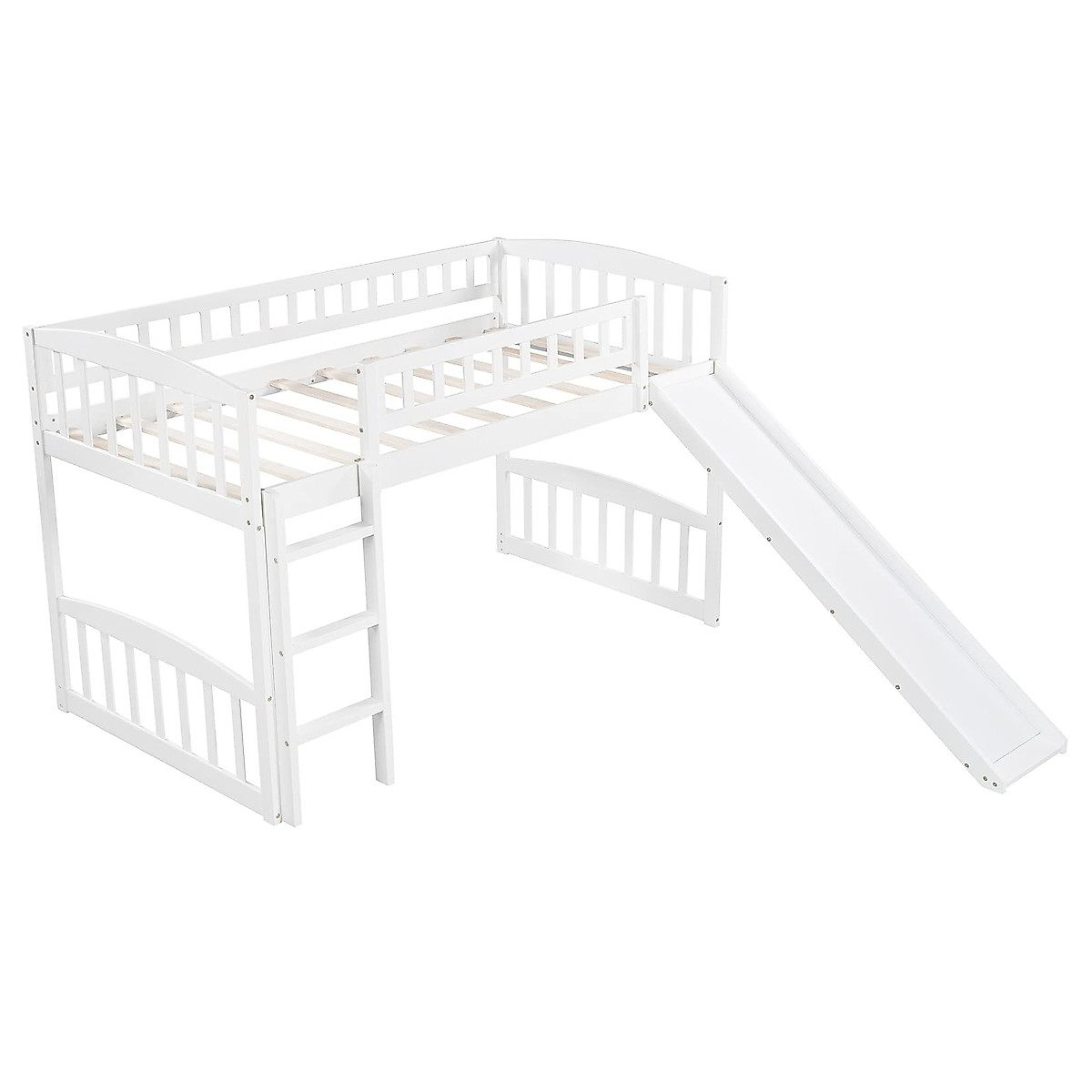 Harper & Bright Designs Kids Low Loft Bed with Slide, Twin Loft Beds for Kids, Wood Loft Bed Frame with Ladder for Boys and Girls, No Box Spring Needed, White