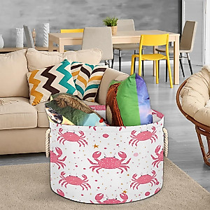 Round Storage Basket Pink Cute Crabs Pattern Collapsible Large Clothes Toy Blanket Books Storage Bin Laundry Basket Organizer for Closet Shelf Living Room Nursery Bedroom Dorm