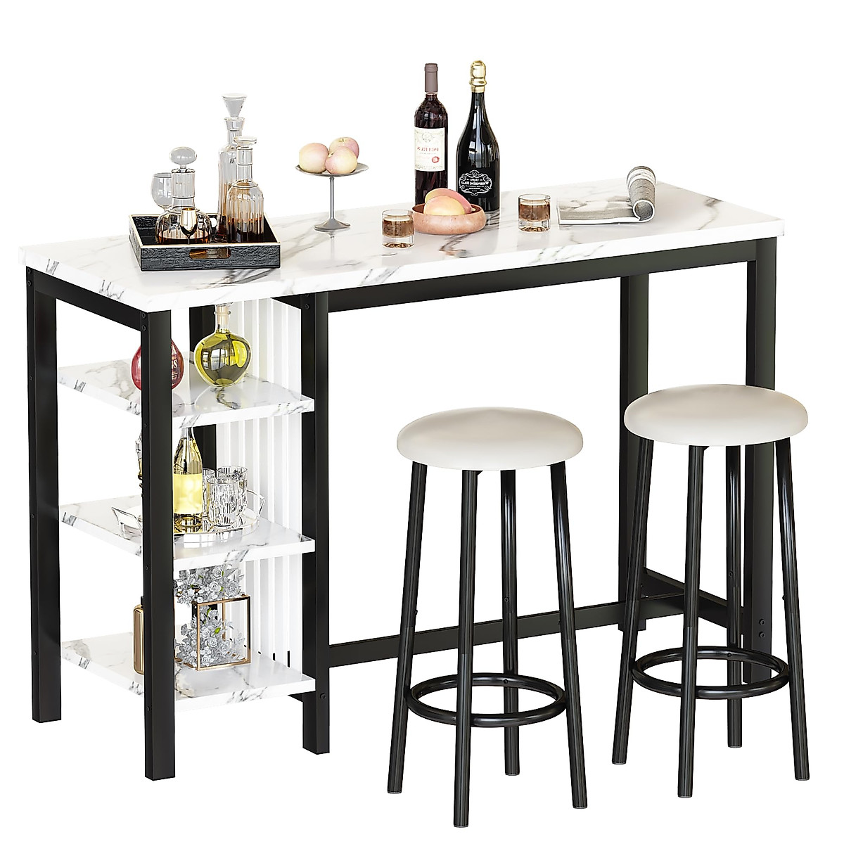 AWQM Home Bar Table Set of 2, 47" White Faux Marble Dining Set with Storage Shelves and Upholstered Leather Bar Height Stools, 3-Piece Kitchen Table for 2 People, Space Saving Table (White & Black)