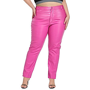 HDE Women's Plus Size Faux Leather Pants High Waist Straight Leg Pant w/Pockets Hot Pink - 1X