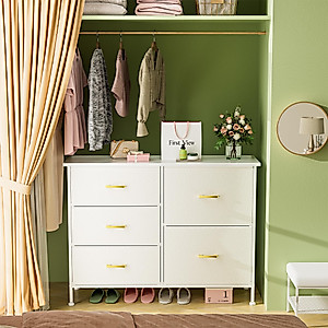 YILQQPER Dresser for Bedroom with 5 Drawers, Dresser TV Stand for 45" TV, Wide Bedroom Dresser Storage Organizers, Fabric Chest of Drawers, Dresser for Living Room, Closet, White