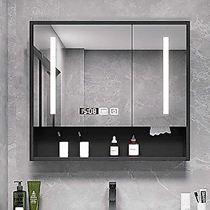 TISSY Bathroom Mirror Cabinet, Wall Mounted Smart Medicine Cabinet with LED Mirror, Anti-Fog Waterproof, Touch Switch, Wooden Housewarming Gift, 90cm/36inch (Color : Black, Size : 80cm)