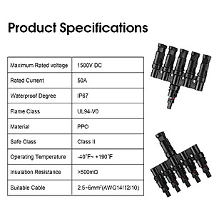 PAEKQ Solar Panel Connectors T Branch Connectors Cable Splitter Coupler 1 Male to 5 Female and 1 Female to 5 Male, Solar Cable connectors for Residential, Commercial Roofs, RVs (1 Pair)
