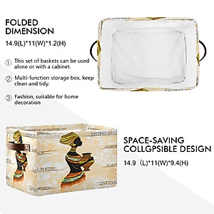 ALAZA Decorative Basket Rectangular Storage Bin, Ethnic African Black Woman Organizer Basket with Leather Handles for Home Office