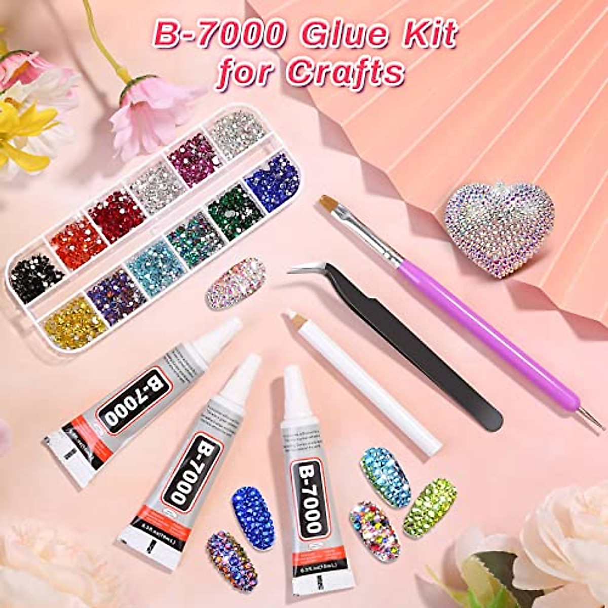 Rhinestones Adhesive Glue for Fabric, 2100Pcs 12 Color Craft Rhinestones Flatback with B7000 Glue Adhesive, Glass Gemstones with Tweezers for Craft, Jewelry, Makeup, Cloth Shoes and Nail Art