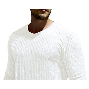 CTU Men's Fashion Athletic T-Shirts Long Sleeve Shirts Workout V Neck Solid Color Tee Shirt Top White
