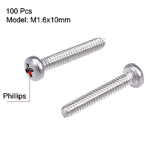 uxcell M1.6x10mm Machine Screws Pan Phillips Cross Head Screw 304 Stainless Steel Fasteners Bolts 100Pcs