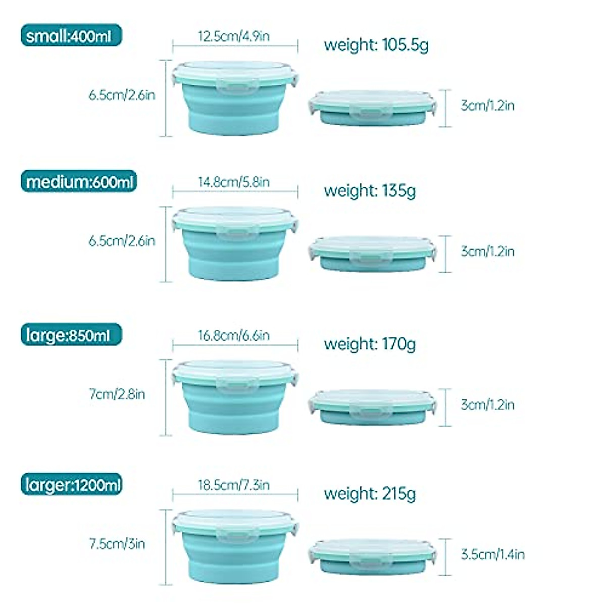 Collapsible Bowl,Magicorange Silicone Collapsible Food Storage Containers with Lids for Camping,Silicone Lunch Containers, Microwave, Dishwasher and Freezer Safe (Round)