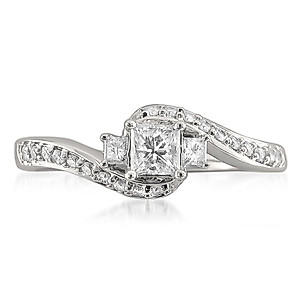 Beyond Brilliance 1/2 Carat Diamond, Prong-Set 14K White Gold Three-Stone Princess Cut & Round Diamond Engagement Ring (I-J, I1-I2)