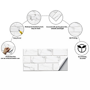 12-Sheet White Peel and Stick Wallpaper, Subway Tile 6''x12'' Self Adhesive Wall Tiles Waterproof PVC Stick on Backsplash Vinyl Decorative Tiles Stickers for Kitchen Bathroom