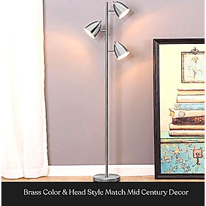 Brightech Jacob LED Standing Lamp, Modern Bright Floor Lamps for Living Rooms & Bedrooms, Tall LED Lighting Lamp with Adjustable 3 Light Tree – Satin Nickel