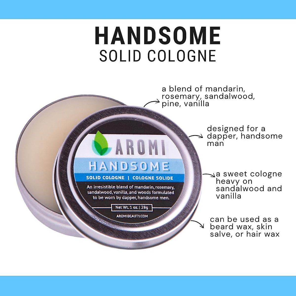 Aromi Solid Cologne | Sweet, Vanilla, Musk Fragrance, Vegan and Cruelty-free Scent, Portable, Travel, Small Gift, Men's Stocking Stuffer, Alcohol-free (Handsome)