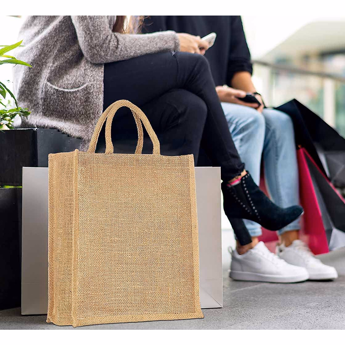 BANNER BUZZ MAKE IT VISIBLE BannerBuzz Jute Tote Bag Made of 100% Biodegradable Jute Material (16" W X 13" H X 6" B, Natural Brown Color)